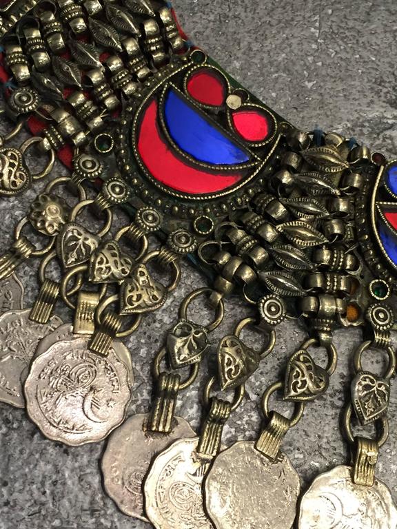 Ethnic Coin Bib Necklace w Tinted Mirror Tile Inlay For Sale at 1stDibs