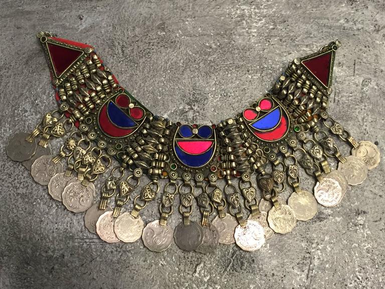 Ethnic Coin Bib Necklace w Tinted Mirror Tile Inlay For Sale at 1stDibs