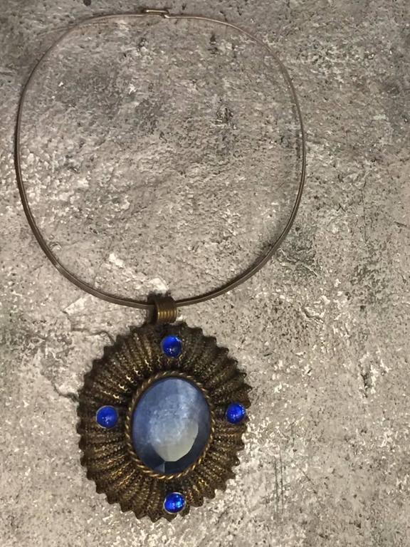 1930s Ben Meltzer Metal Mesh Pendant w/ Cobalt Blue Faceted Glass on ...