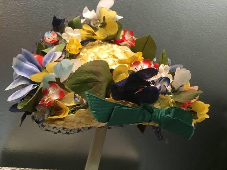 1950s Chanda Pale Yellow Straw Hat Trimmed in Beautiful Multicolor ...