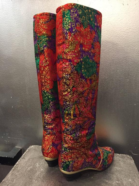 1980s Escada Red Purple and Green Gold Lamé Brocade Boots w Stacked ...