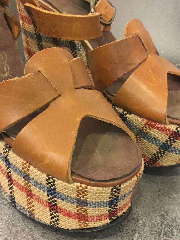 1960's Quality Craft Burlap Plaid Wedge Platforms For Sale at 1stDibs