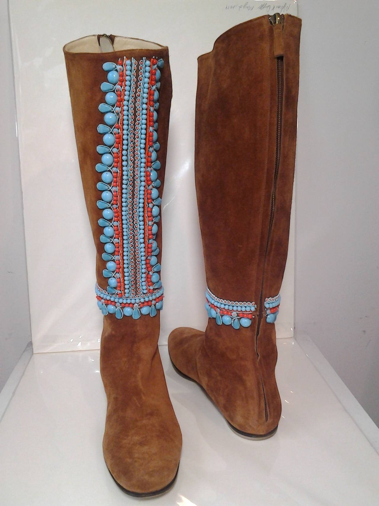 Miss Trish of St. Moritz Suede Moccasin Boots w/ Ethnic Style Beading ...
