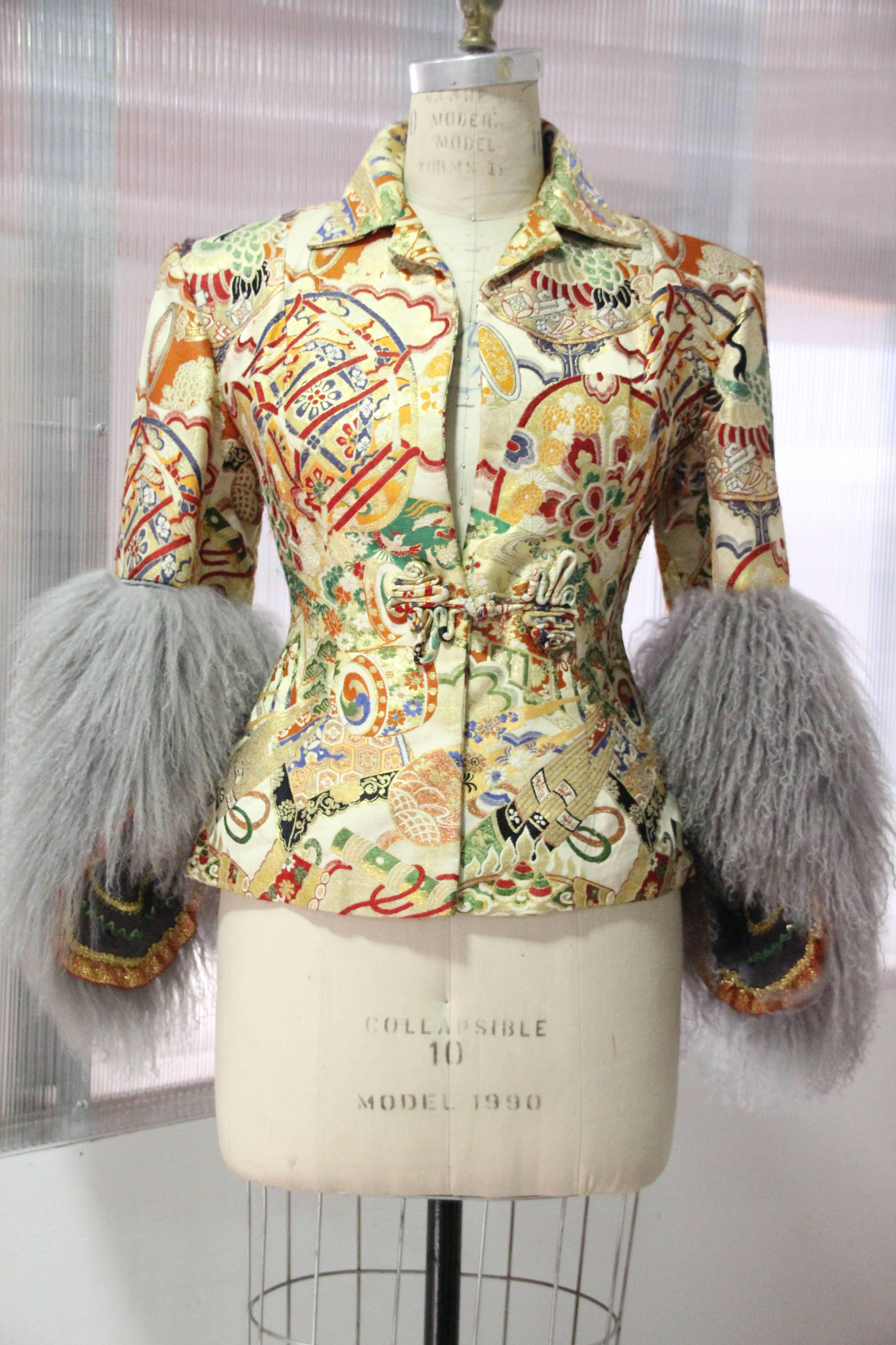 1940s Chinese Gold Brocade Jacket with Mongolian Lamb Sleeves at ...