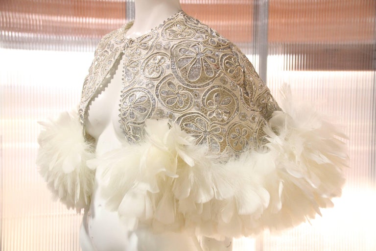 1960s Silver Couched Lace Halter Gown w Caplet Trimmed in White Turkey ...
