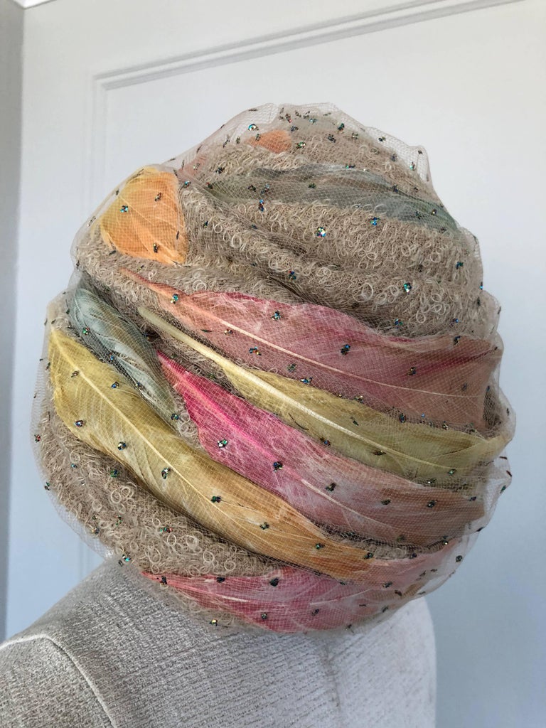 Christian Dior Pastel Feather Turban In Taupe Boucle Weave Wool, 1960s ...