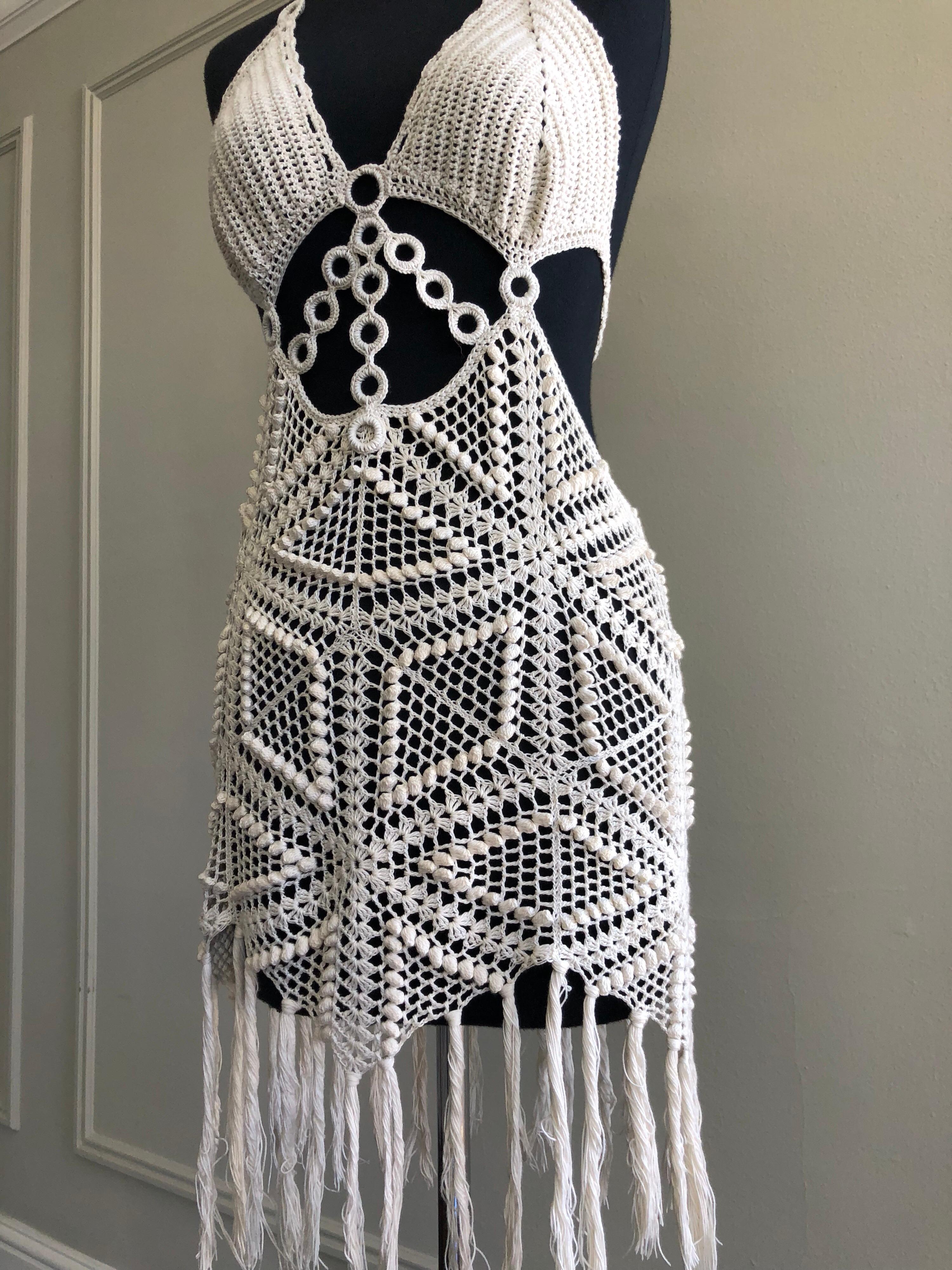 1970s Summer Of Love Cotton Crochet Halter Summer Dress W/ Tie Back at ...