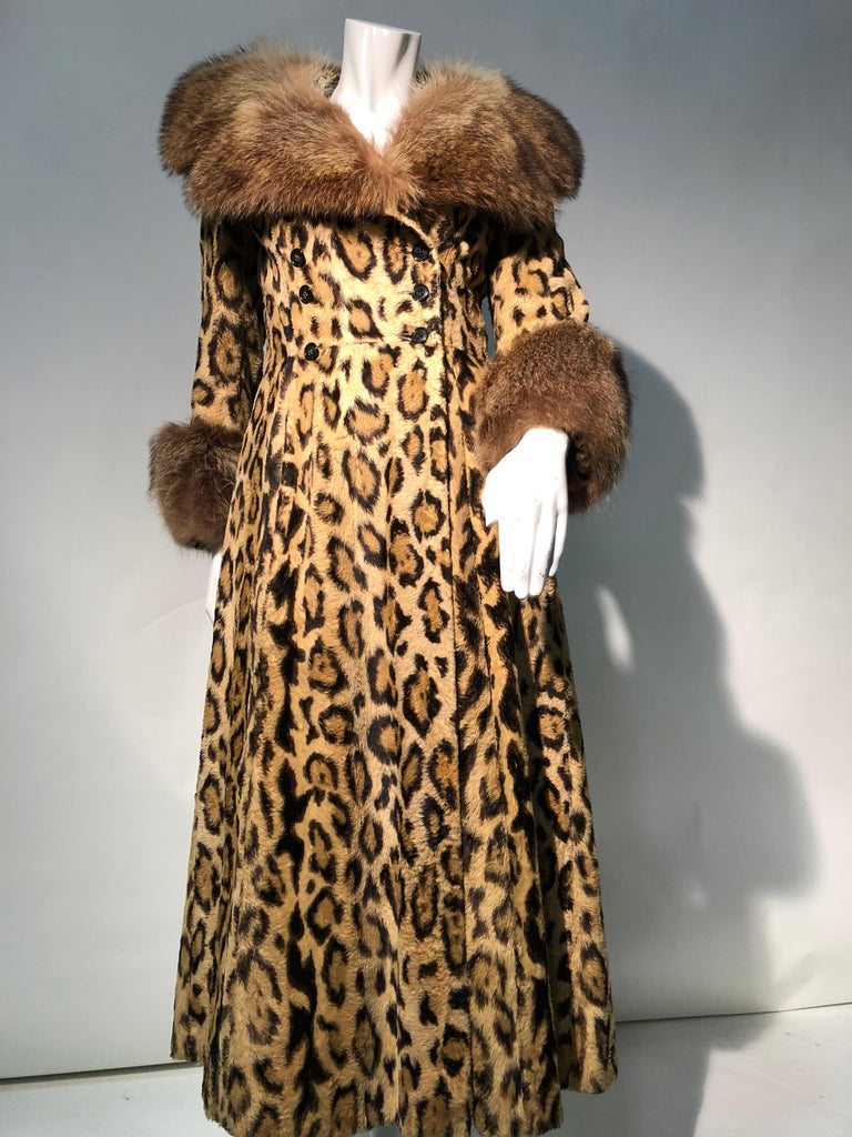 1970s Full Length Faux-Leopard Princess Coat W/ Genuine Fur Collar and ...