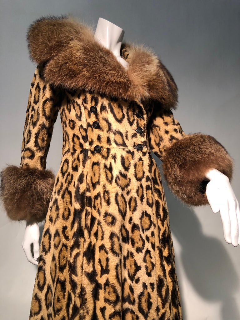 1970s Full Length Faux-Leopard Princess Coat W/ Genuine Fur Collar and ...