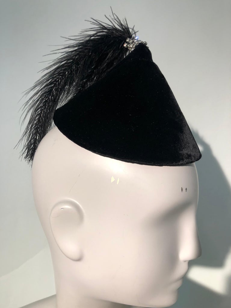 1950s Raymond Hudd Black Velvet Hat W/ Egret Feather and Rhinestone ...