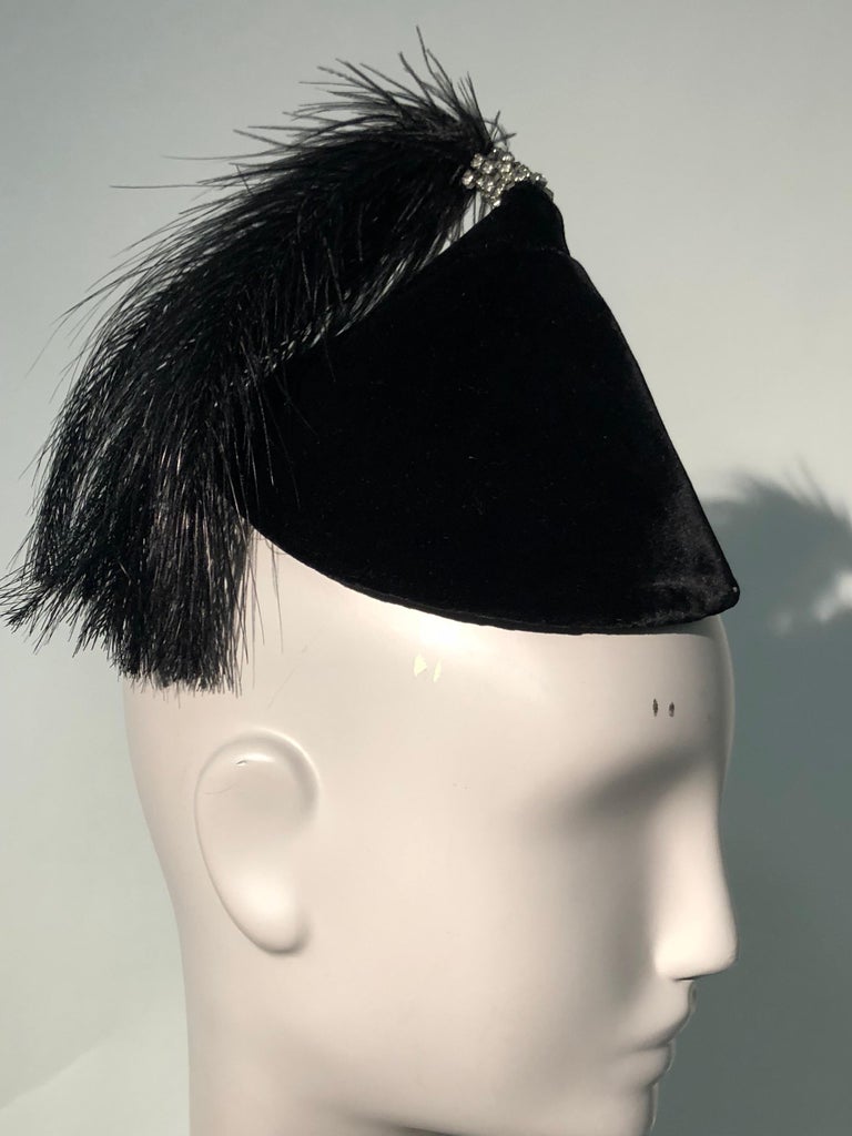 1950s Raymond Hudd Black Velvet Hat W/ Egret Feather and Rhinestone ...