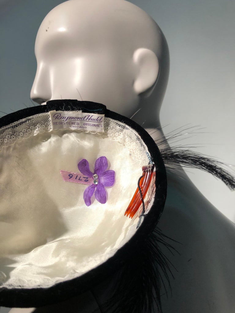 1950s Raymond Hudd Black Velvet Hat W/ Egret Feather and Rhinestone ...