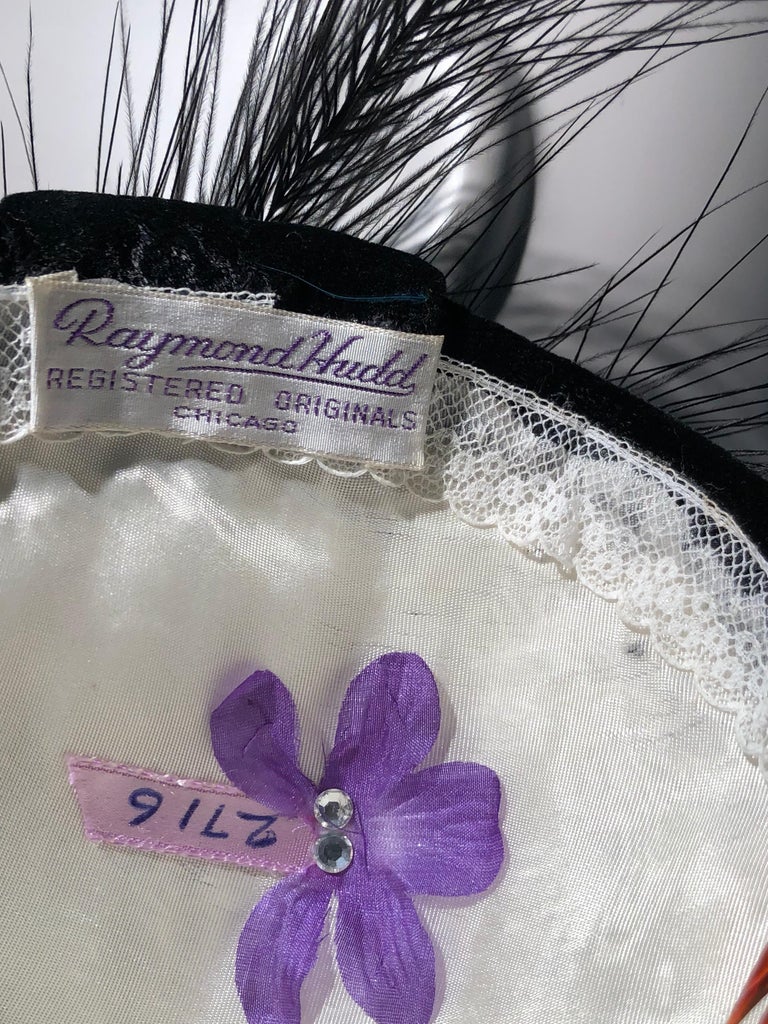1950s Raymond Hudd Black Velvet Hat W/ Egret Feather and Rhinestone ...