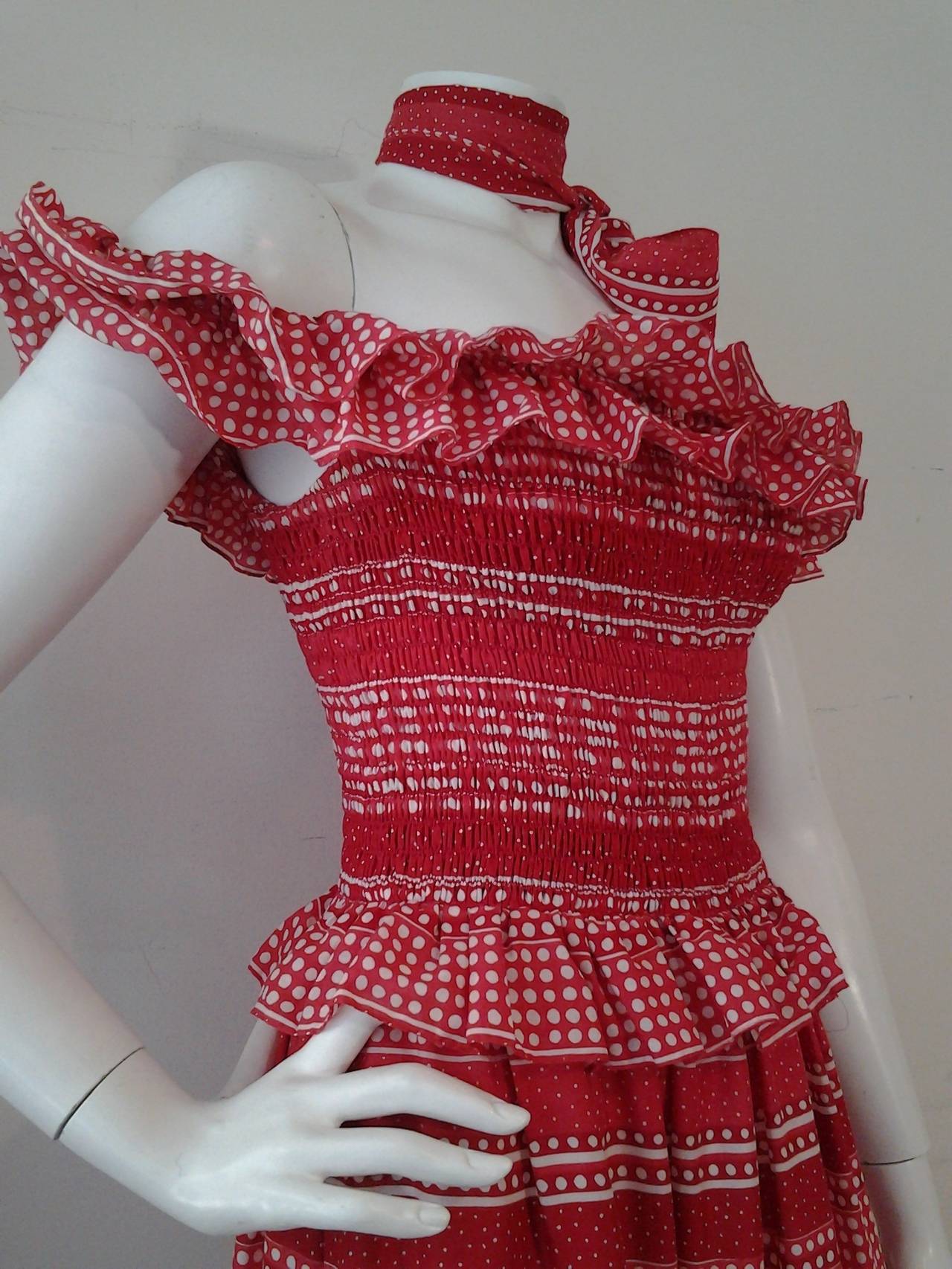 1970s Oscar de La Renta Ruffled Red Polka Dot Sundress in Handkerchief ...