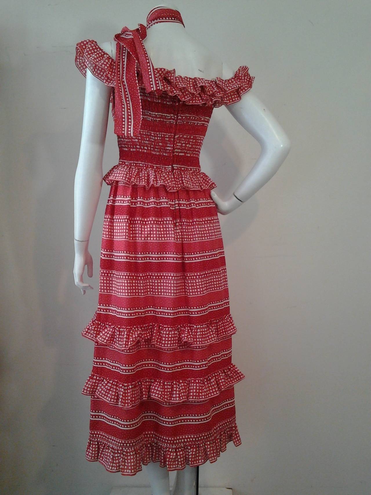 1970s Oscar de La Renta Ruffled Red Polka Dot Sundress in Handkerchief ...