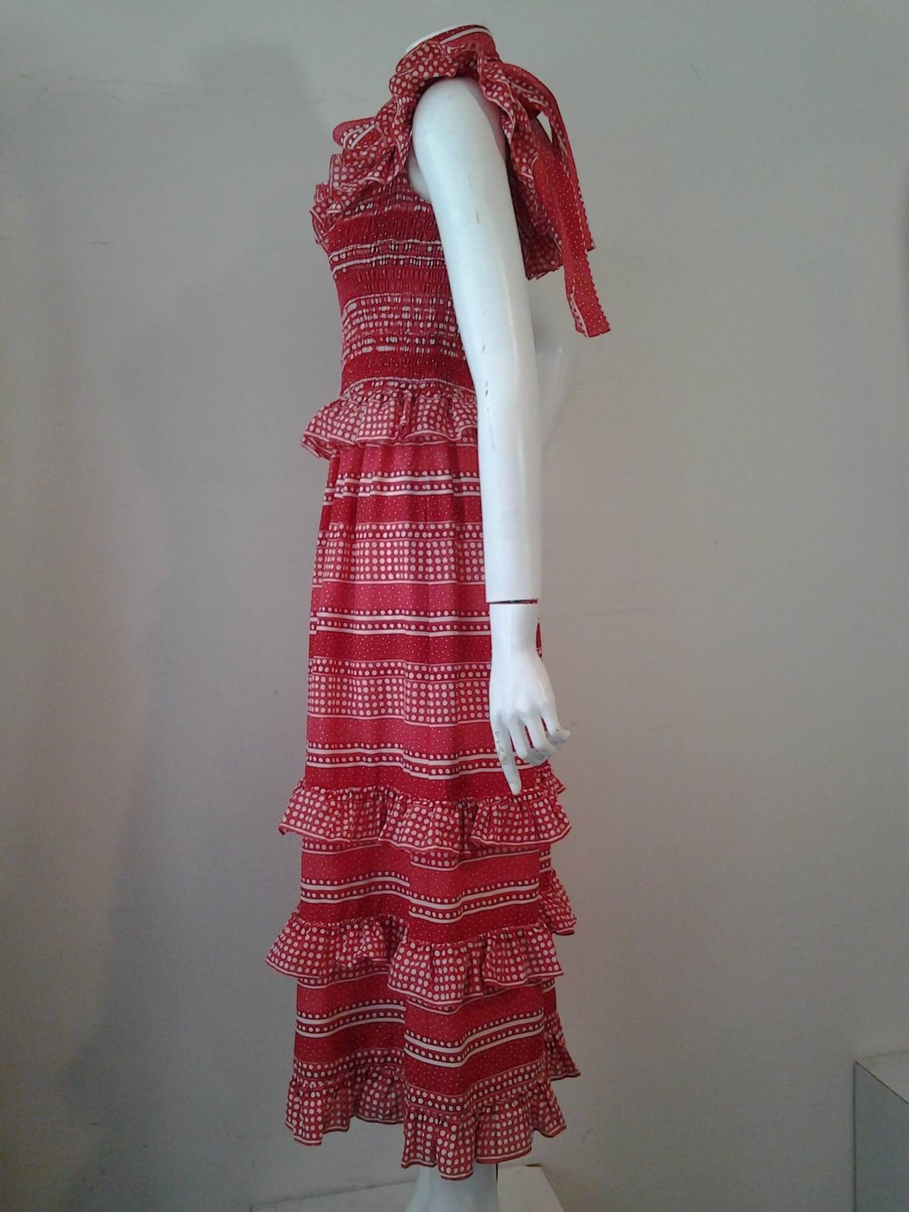 1970s Oscar de La Renta Ruffled Red Polka Dot Sundress in Handkerchief ...