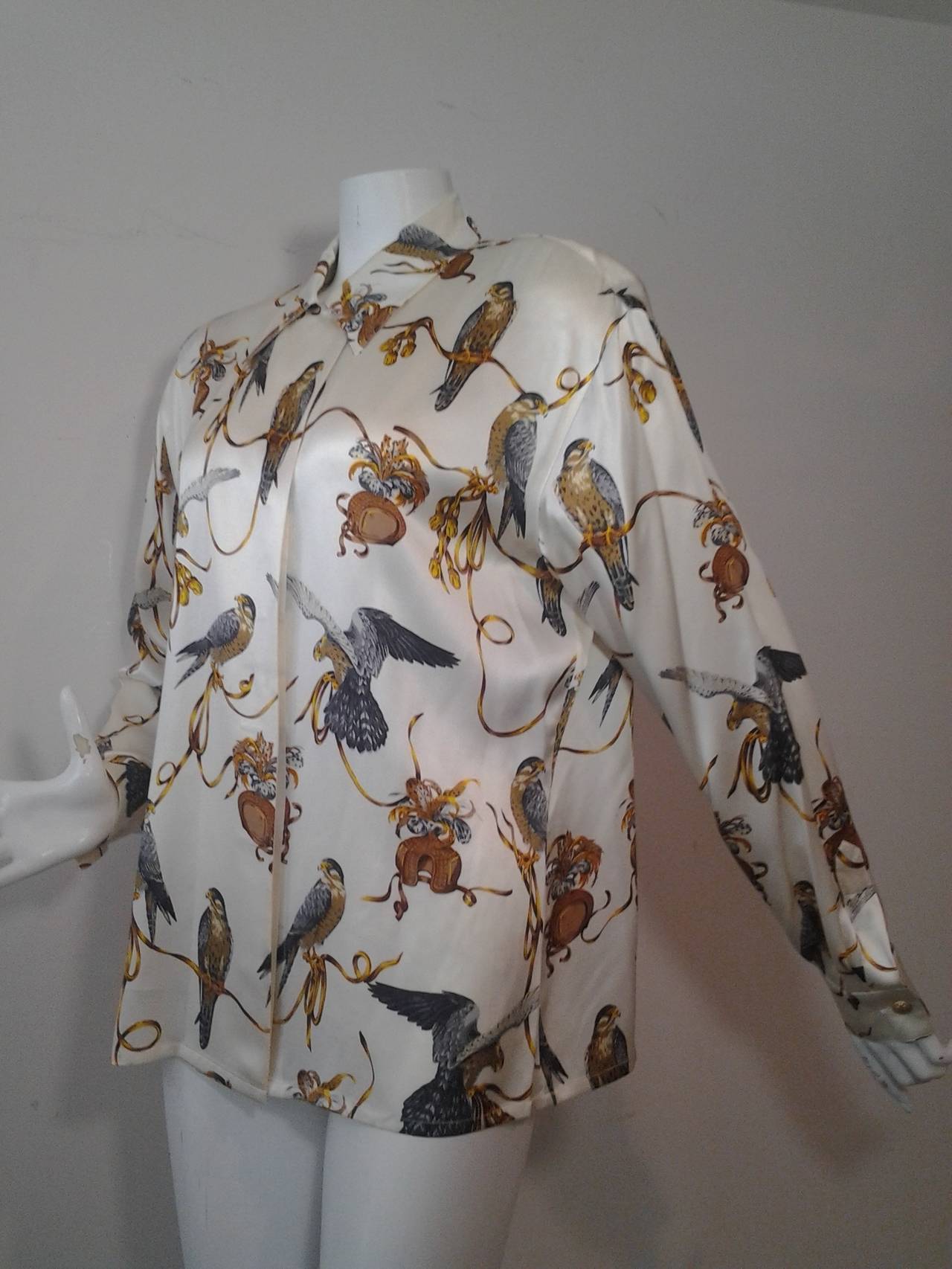 1980s Escada Silk Blouse w/ Gorgeous Falcon Print at 1stDibs