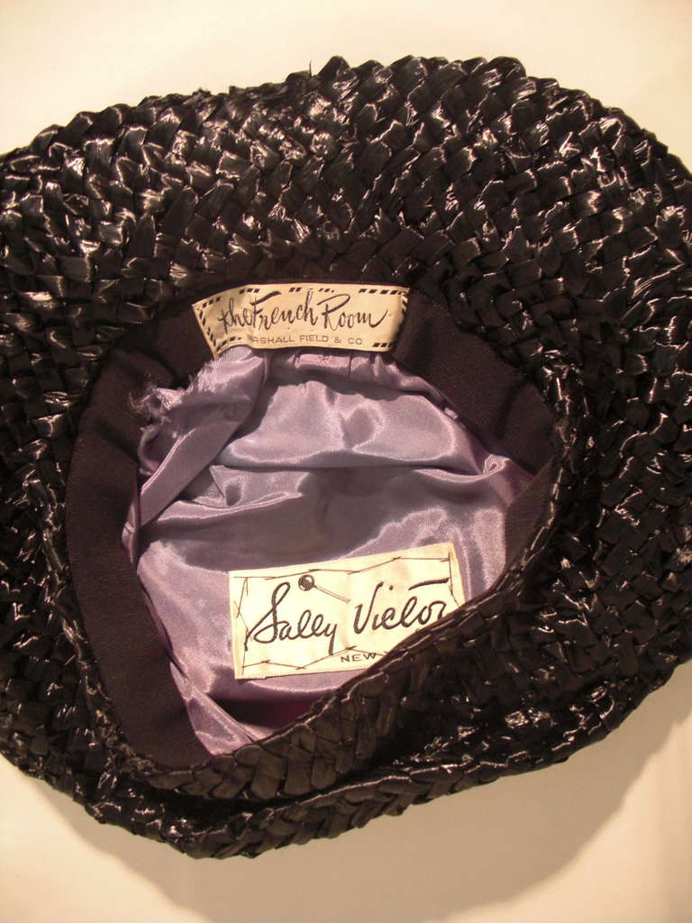 1950s Sally Victor Black Straw Tilt Hat at 1stDibs | sally tilt
