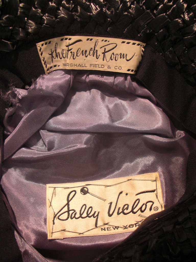 1950s Sally Victor Black Straw Tilt Hat at 1stDibs | sally tilt