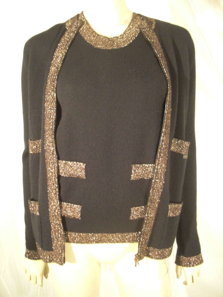 Chanel Black and Copper Lurex Trimmed Cashmere Twin Set at 1stDibs