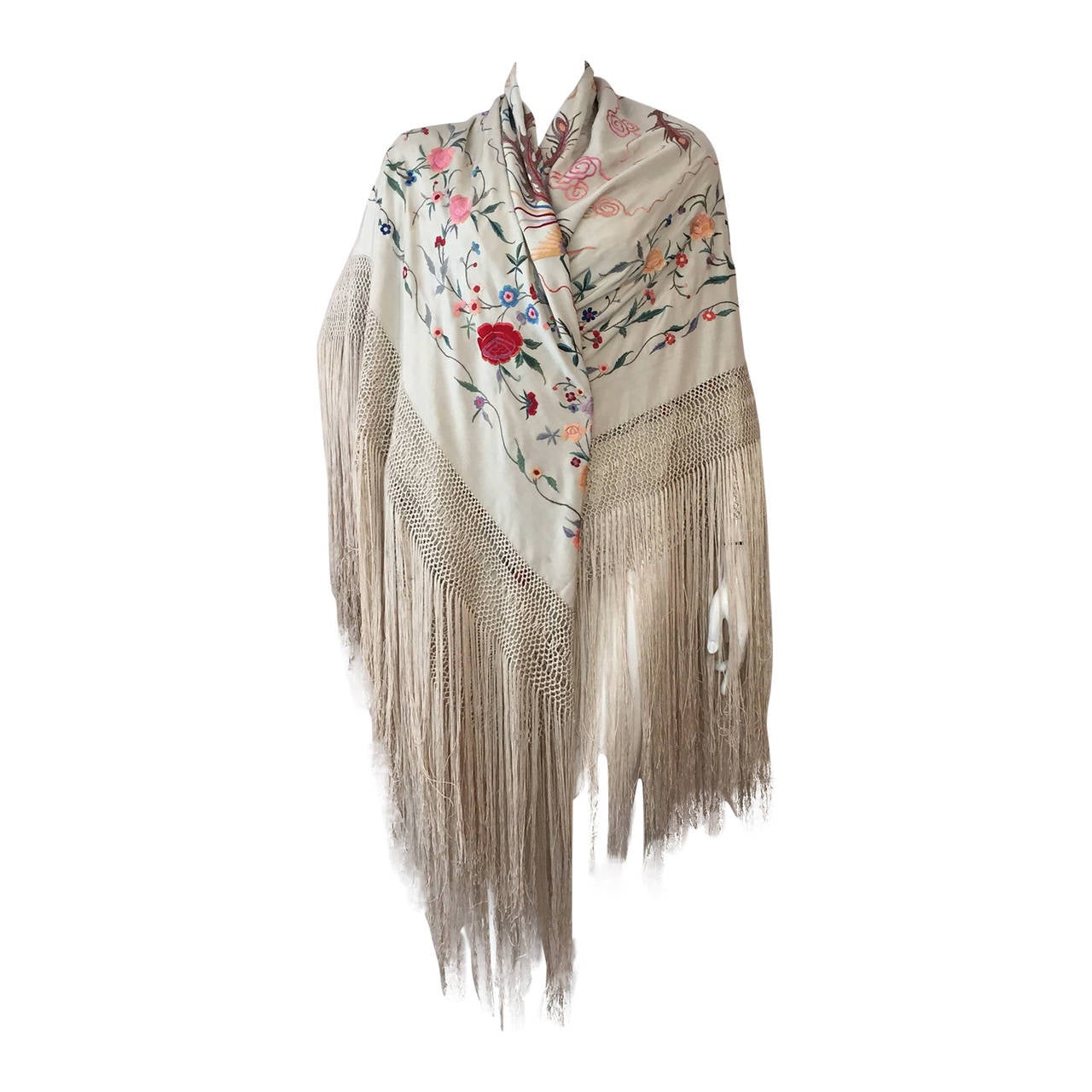 1920s Cantonese Embroidered Silk Shawl with Phoenix Birds at 1stDibs