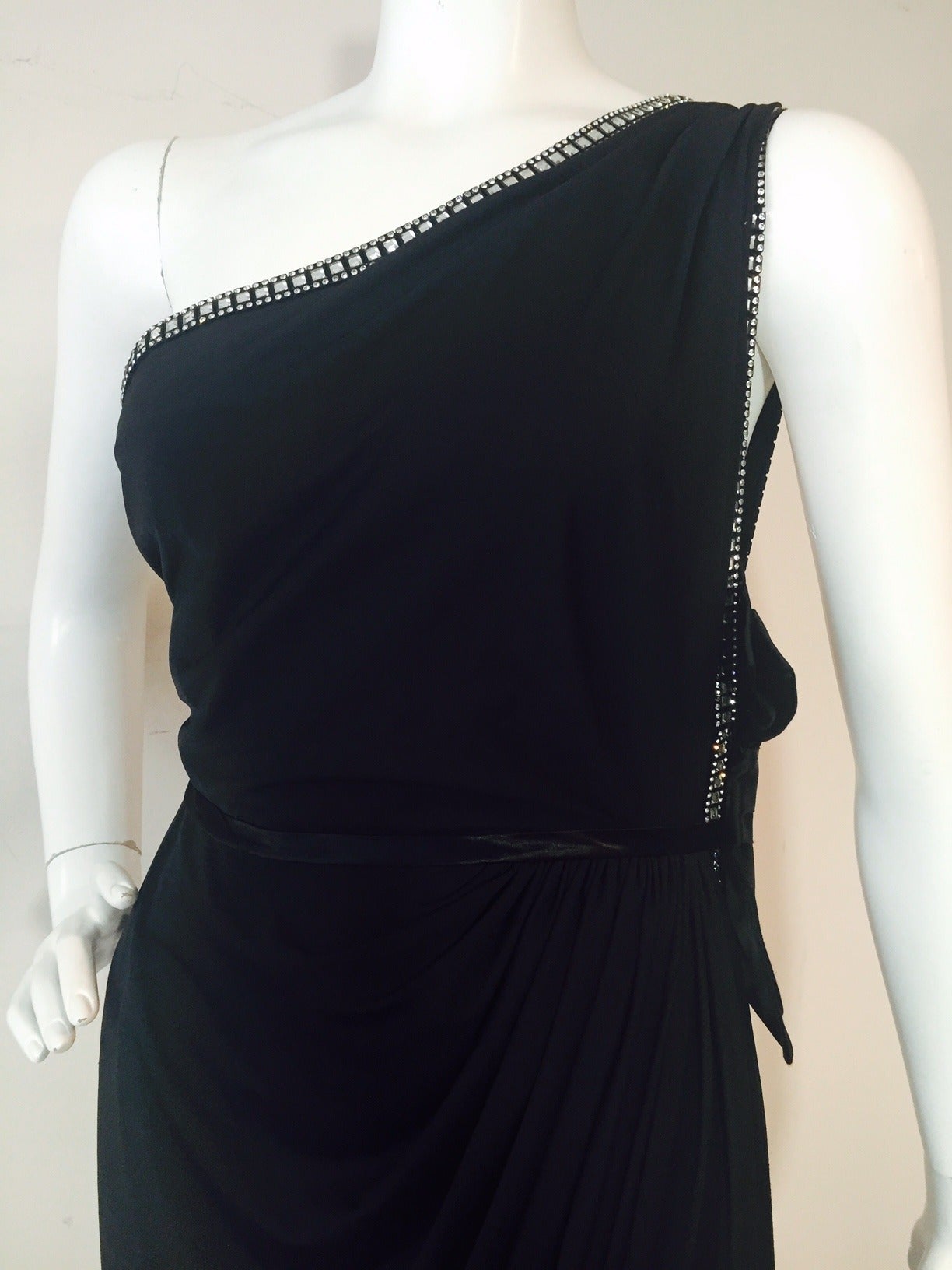 1990s Hall Ludlow One Shoulder Revealing Black and Rhinestone Evening ...