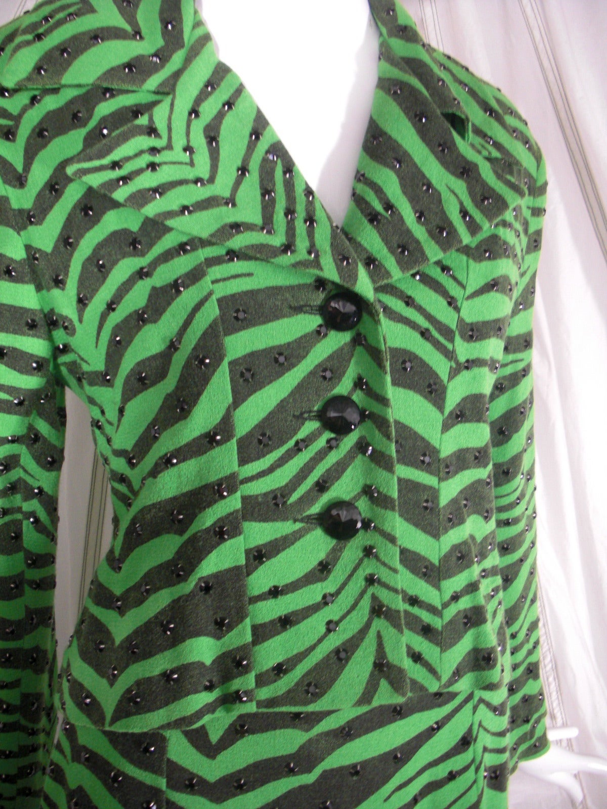 1980s Todd Oldham Electric Zebra Print Suit w/ Black Rhinestone Studs ...