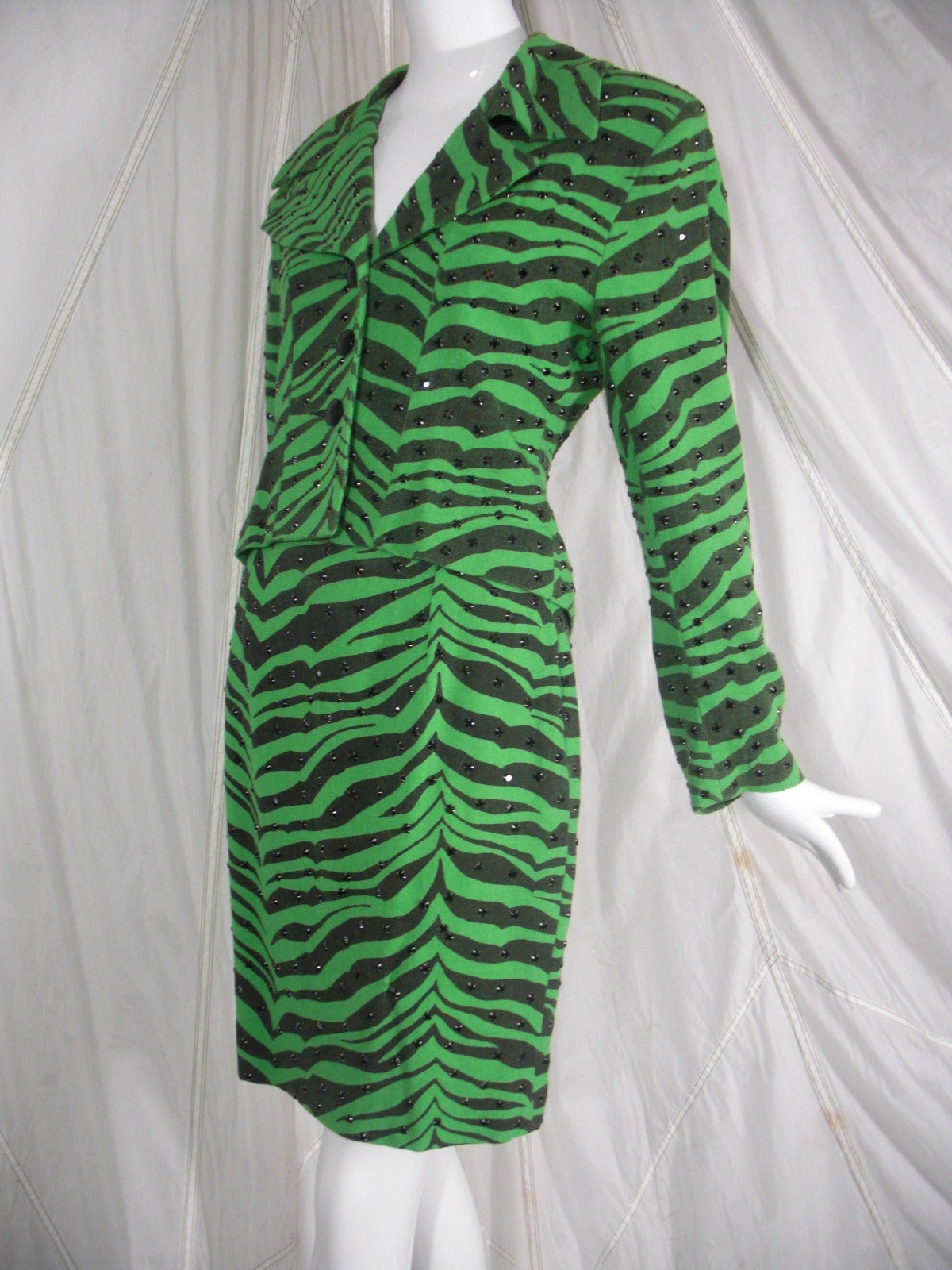1980s Todd Oldham Electric Zebra Print Suit w/ Black Rhinestone Studs ...