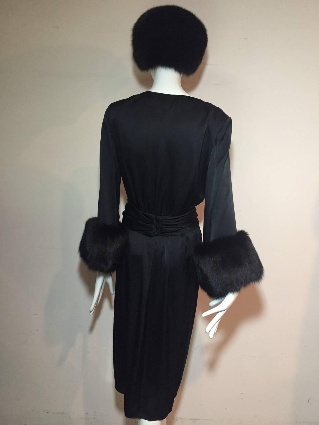 1980s Bill Blass Silk Charmeuse Plunging Wrap Dress w/ Fox Fur Cuffs ...