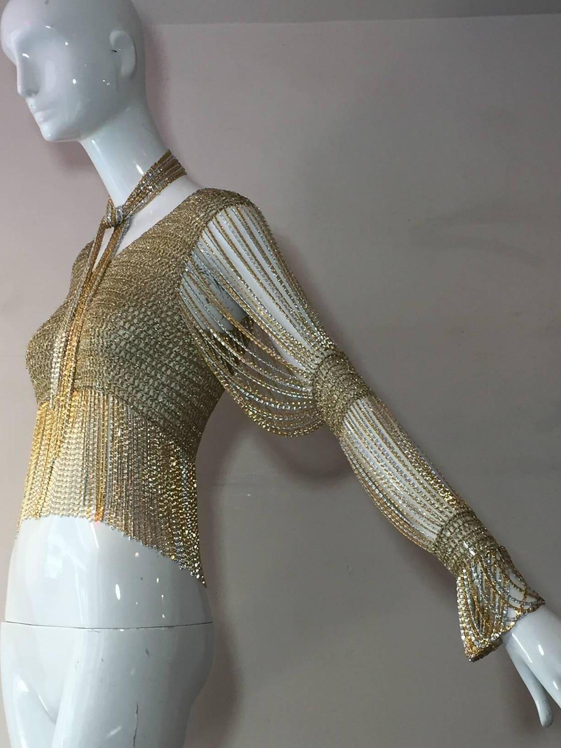1970s Loris Azzaro Renaissance-Inspired Gold/Silver Knit Top w/ Chain ...
