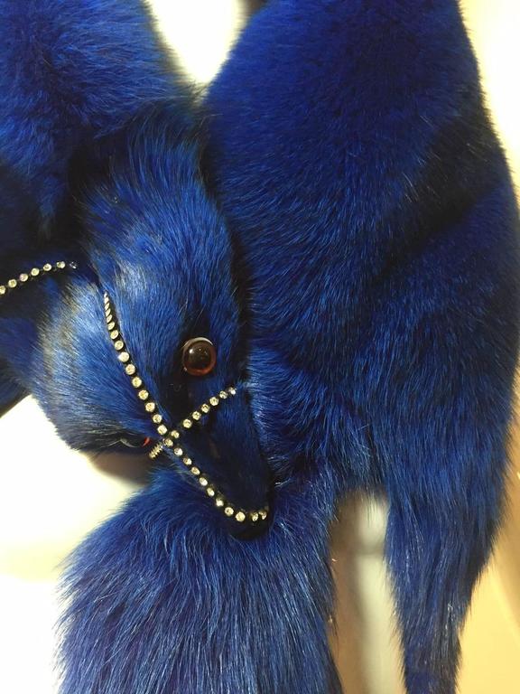 1970s Cobalt Blue Fox Fur "Fling" w/ Rhinestone Muzzle and Leash at 1stDibs