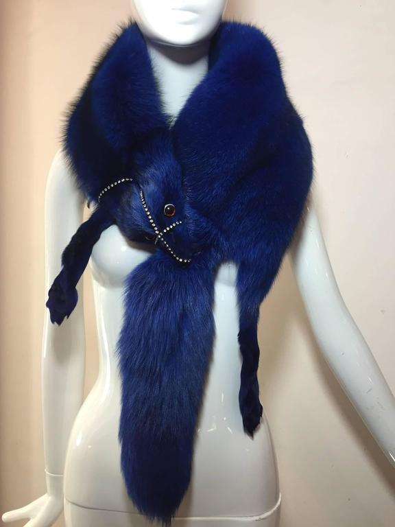 1970s Cobalt Blue Fox Fur "Fling" w/ Rhinestone Muzzle and Leash at 1stDibs