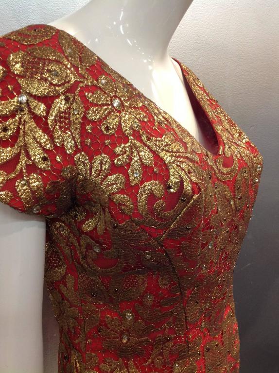 1950s Red Sheath Dress with Beautiful Gold Lame Lace Overlay and ...