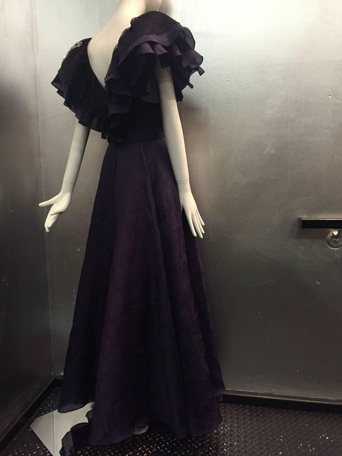 1980s Oscar de La Renta Aubergine Jacquard "Antebellum" Style Ruffled ...