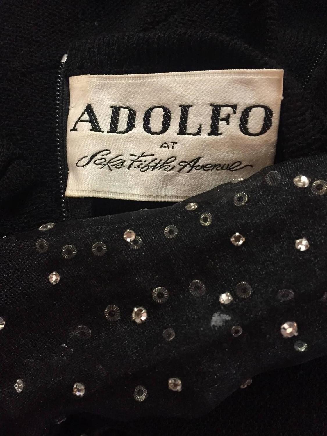 1970s Adolfo Black Knit Cocktail Dress w/ Deep Sheer and Rhinestone ...