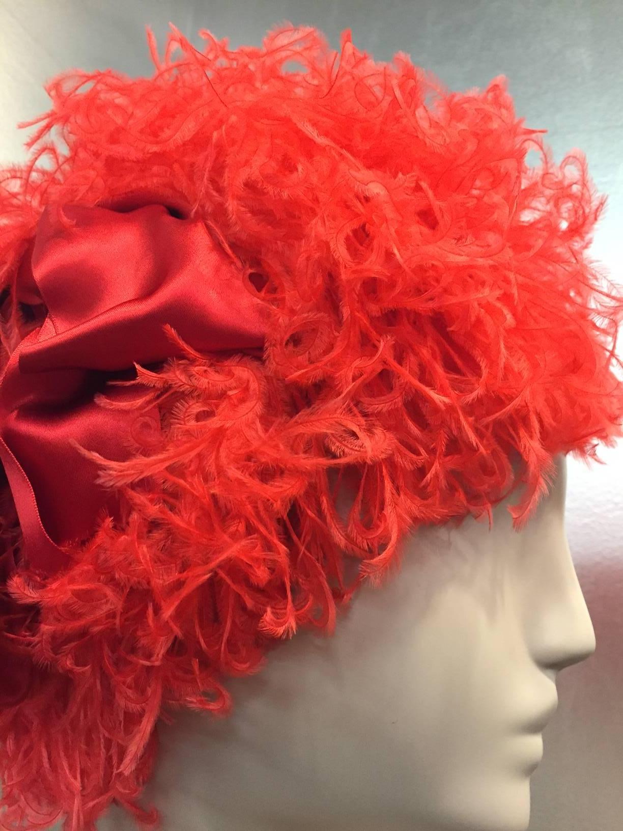 1960s Trébor Coral Red Curled Ostrich Feather Cocktail Hat For Sale at ...