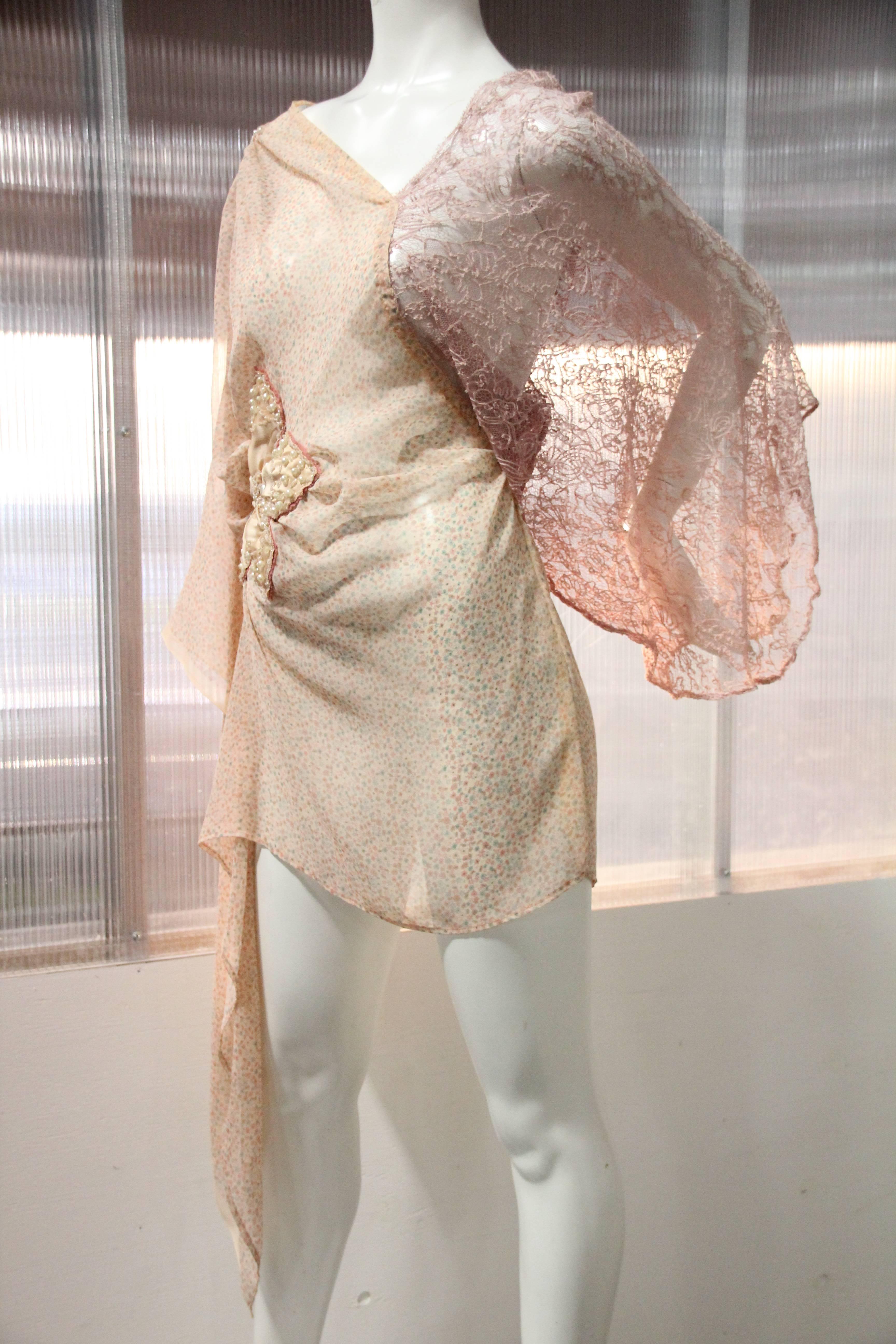 Custom-Made Floral-Print Chiffon and Lace Asymmetrical Tunic w 1920s ...