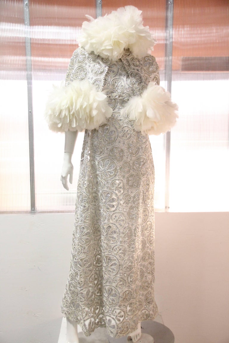 1960s Silver Couched Lace Halter Gown w Caplet Trimmed in White Turkey ...
