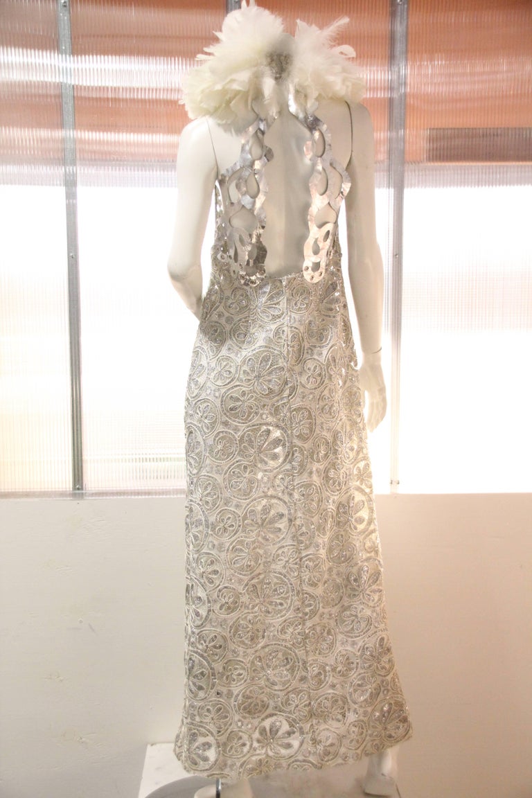 1960s Silver Couched Lace Halter Gown w Caplet Trimmed in White Turkey ...