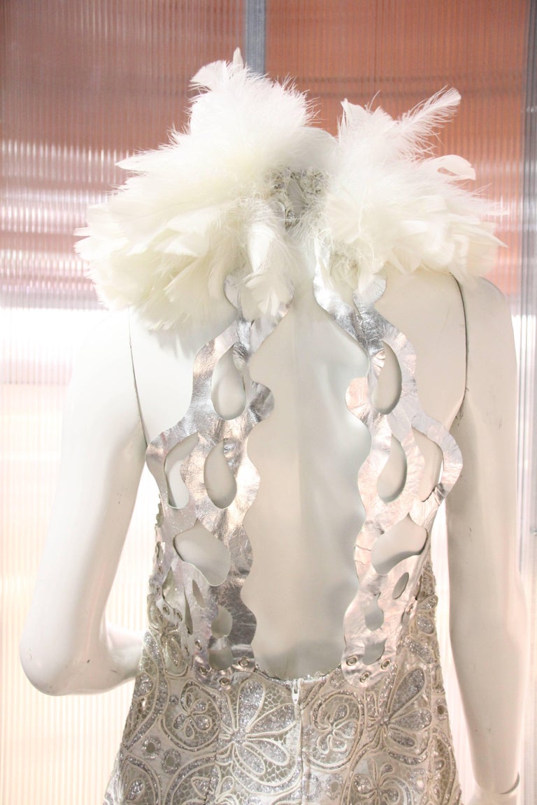 1960s Silver Couched Lace Halter Gown w Caplet Trimmed in White Turkey ...