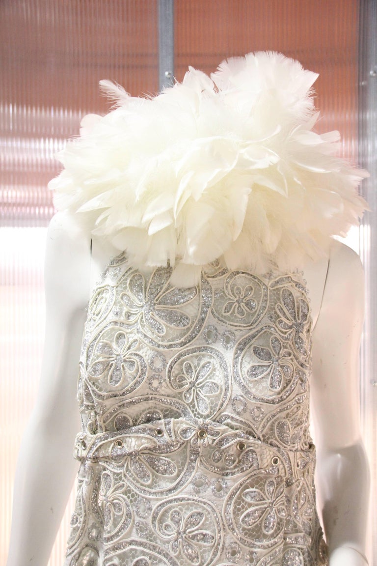 1960s Silver Couched Lace Halter Gown w Caplet Trimmed in White Turkey ...