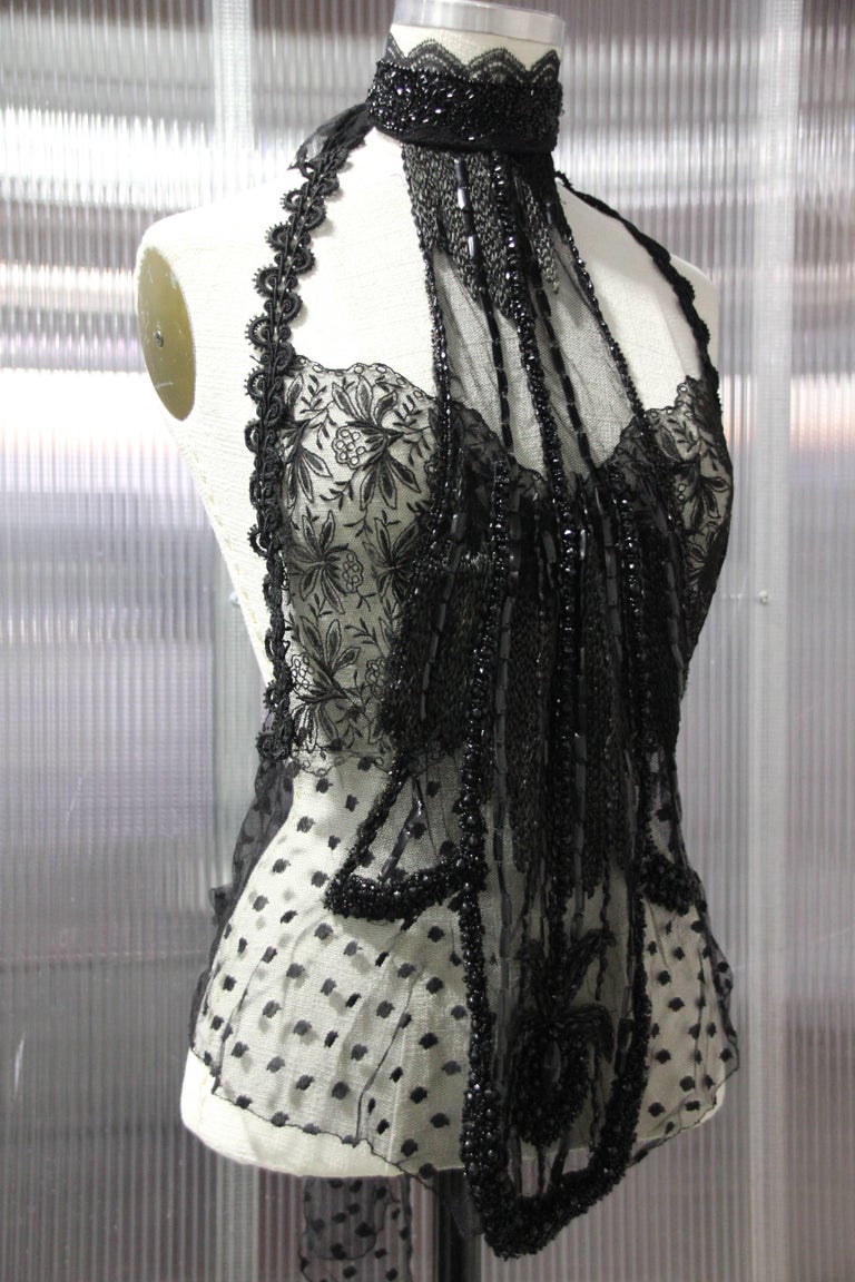 Custom-Made Victorian Jet Beaded Goth Halter Top w Pointe D'Esprit ...