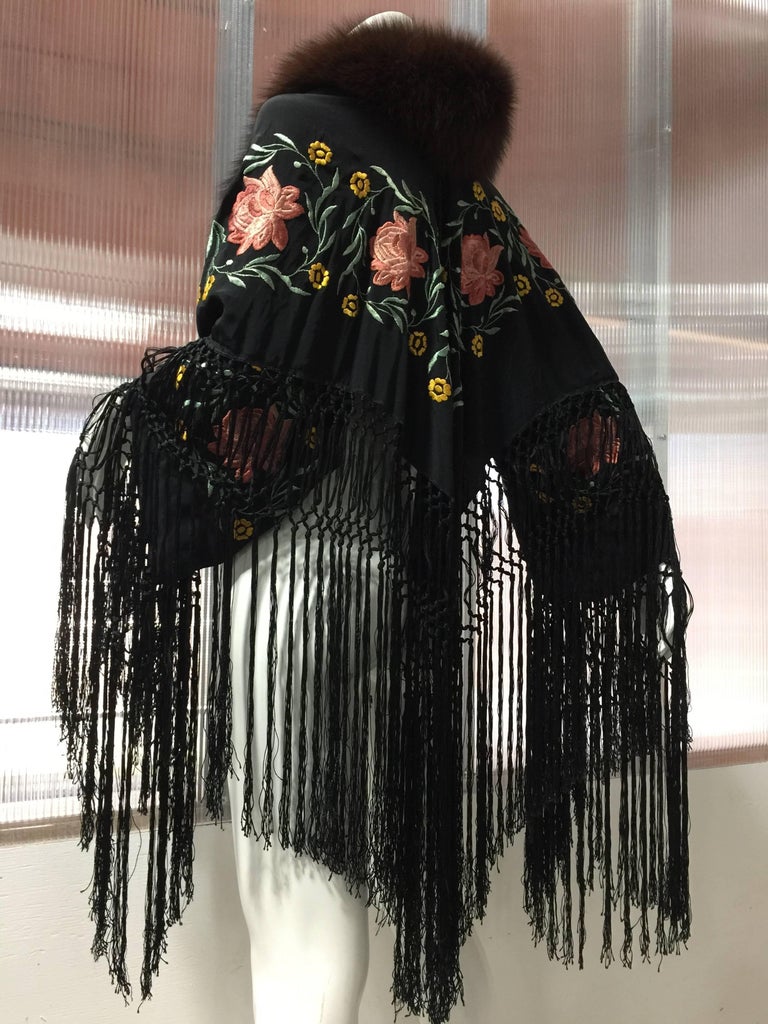 1930s Black Silk Embroidered Flamenco Shawl Styled W/ Fringe and Purple ...