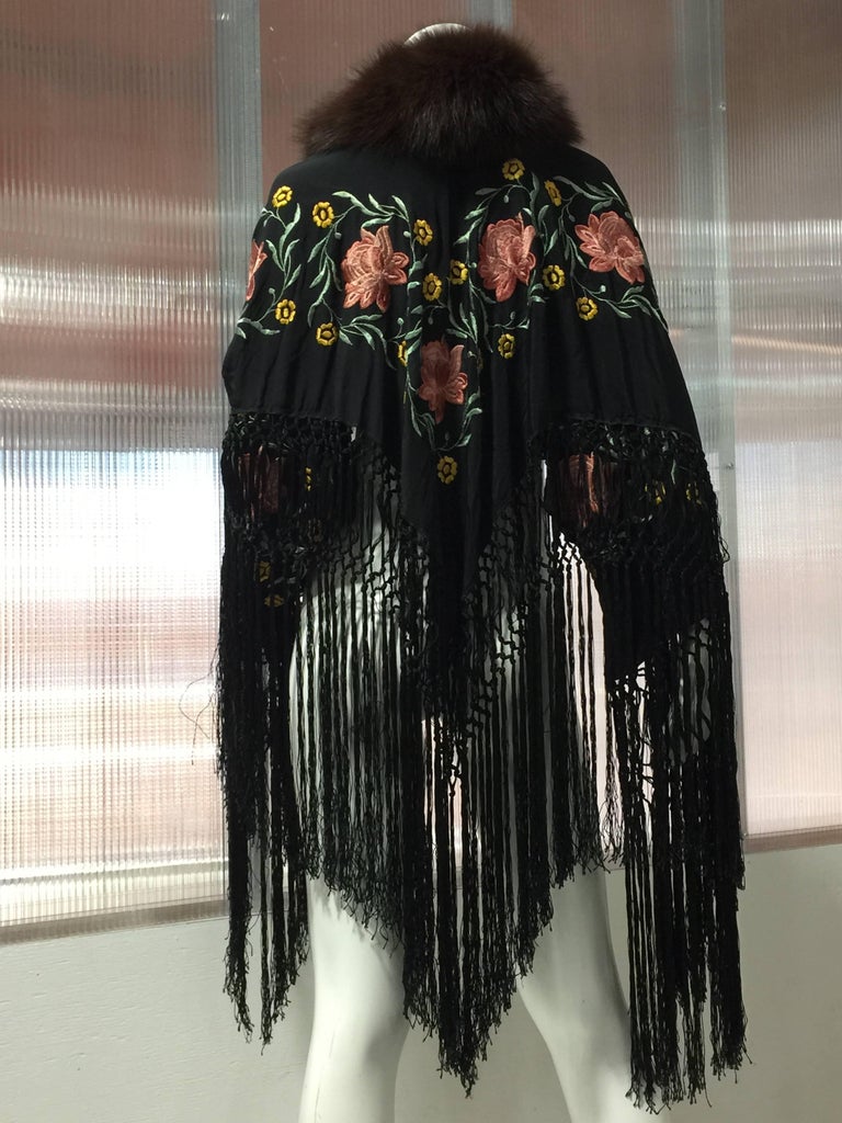 1930s Black Silk Embroidered Flamenco Shawl Styled W/ Fringe and Purple ...