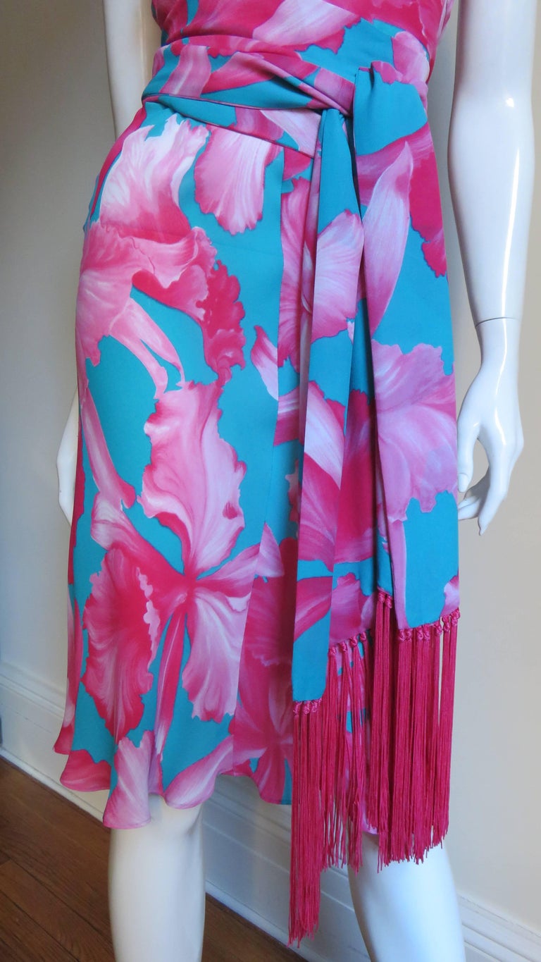 Celine Flower Print Silk Dress with Fringe Wrap For Sale at 1stDibs