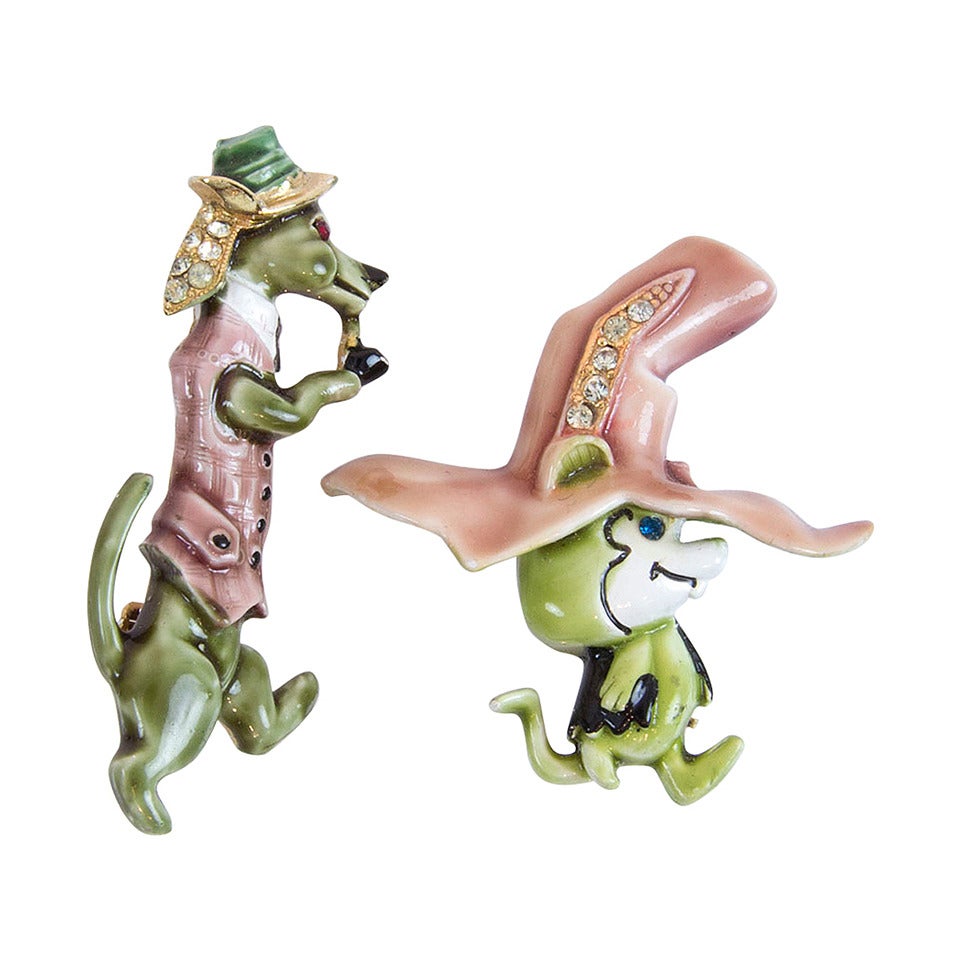 Enamel Dachshund Dog and Mouse Sporting Hats Brooch Pin Duo C1950s at ...