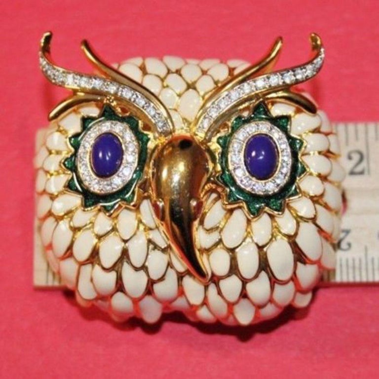 KJL Signed Kenneth J Lane Enamel and Crystal Gold Tone Snowy Owl Brooch ...