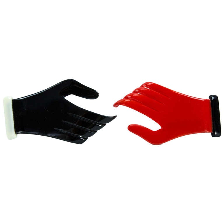 Large Pair Red and Black Galalith Hand Brooch Pins Mid Century Modern ...