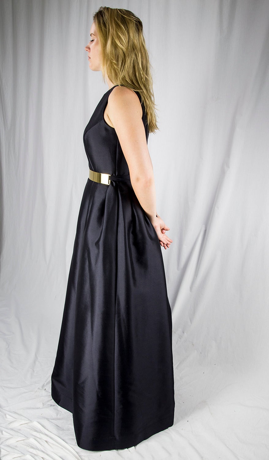 Wayne Clark Black Gold Belted Gown For Sale at 1stDibs