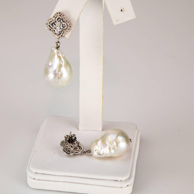 Pearl and Faux Diamond Drop Sterling Silver Statement Earrings at 1stDibs